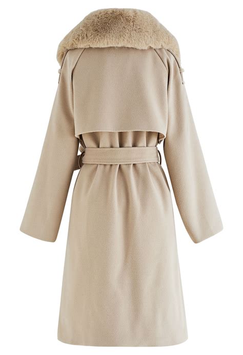 Faux Fur Collar Double Breasted Belted Coat In Oatmeal Retro Indie