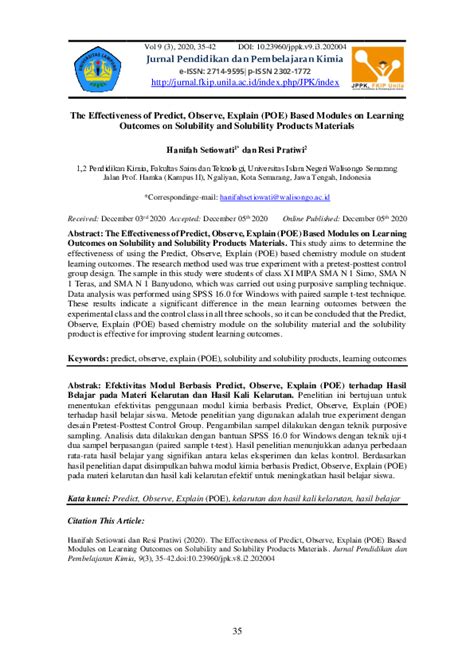 Pdf The Effectiveness Of Predict Observe Explain Poe Based