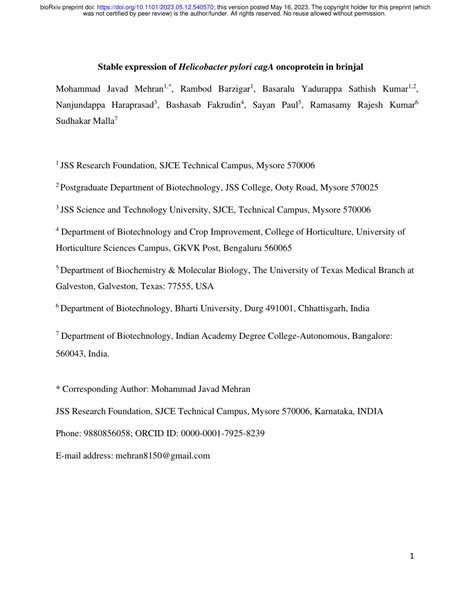 Pdf Stable Expression Of Helicobacter Pylori Caga Oncoprotein In Brinjal