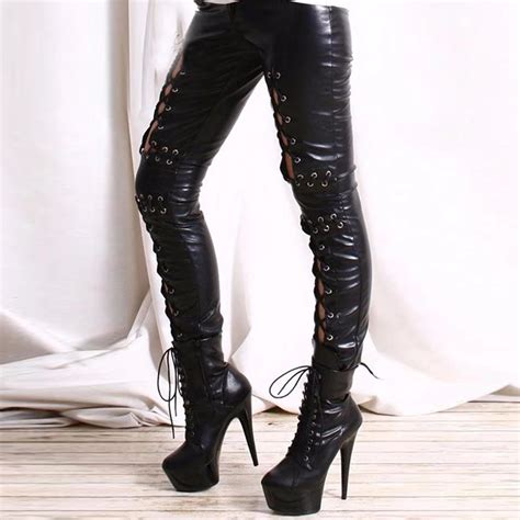 Gothic Women Hollow Out Lace Up Pant Punk Rock Faux Leather Leggings Lady Night Club Sexy