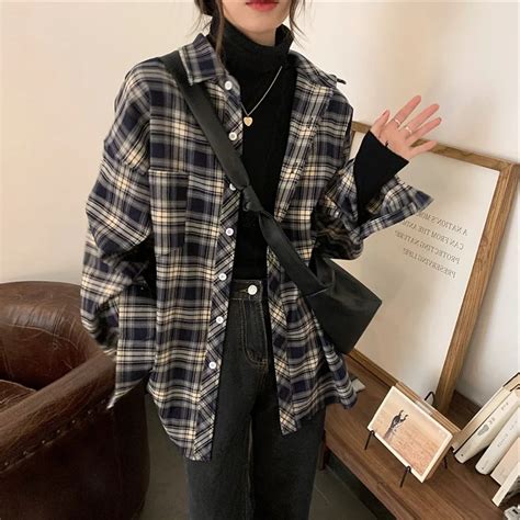 한국 스타일 격자 무늬 셔츠 여성용 레트로 홍콩 풍미 넉넉한 슬리밍 셔츠 봄 다목적 자pli빛 블루 탑 패션