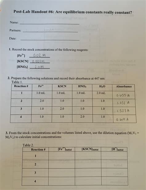 Post Lab Handout 6 Are Equilibrium Constants Really