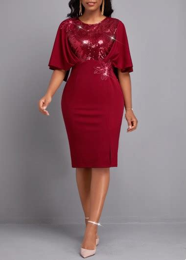 Rotita Sequin Wine Red Round Neck Half Sleeve Bodycon Dress Rotita