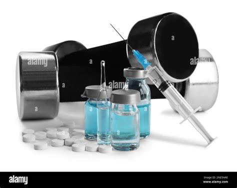 Different Drugs And Sports Equipment On White Background Doping