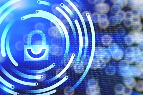 파란색 이진 코드 배경 디 포커 싱 빛 Bokeh에 흰색 자물쇠 아이콘 디지털 세계 사이버 보안 해커 및 바이러스 보호 개념