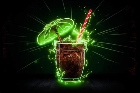 Coconut Cocktail With Straw And Splashes Neon Sign Premium Ai