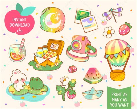 Cute Kawaii Printable Digital Stickers Clipart Rainbow Bunny Rabbit And