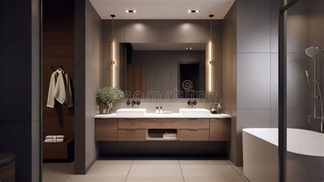A Modern Bathroom With A Dark Tiled Floor And Wood Cabinets In The