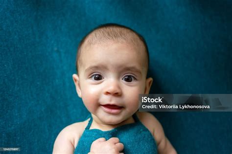 파란색 담요에 귀여운 신생아 침대에 누워 있는 아기 신생아의 클로즈업 초상화 아기 상품 포장 템플릿 보육 의료 및 건강 한 개념 건강관리와 의술에 대한 스톡 사진 및 기타