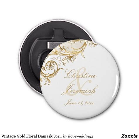 Vintage Gold Floral Damask Script Names Wedding Bottle Opener Zazzle