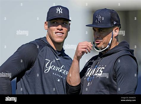 New York Yankees Aaron Judge Left And Giancarlo Stanton Look To The Stands Before Throwing