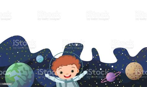 공간에있는 아이 우주복을 입은 행복한 우주 비행사 별이 빛나는 하늘의 배경에 대한 행성에 둘러싸여 있습니다 어린이 그림 텍스트