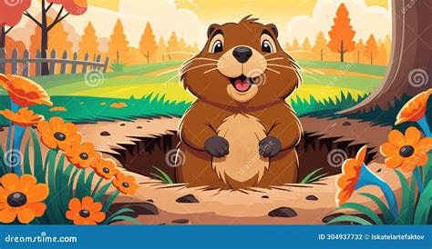 Happy Groundhog Day Ð Cheerful Brown Gopher Emerging From Its Burrow