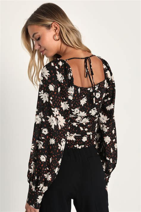 Black Floral Print Top Black Ruched Top Long Sleeve Top Lulus
