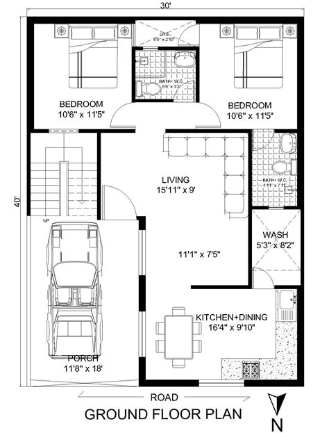 30x40 North Facing House Plans With 2bhk With Car Par