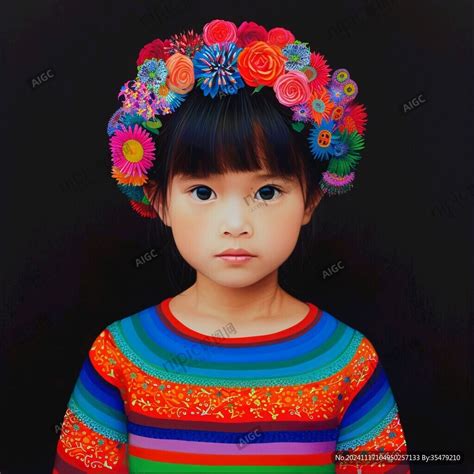 Ai创作图壮族小女孩 儿童艺术照 小孩头花 儿童拍照造型 花花小女孩形象 髻头饰花 花儿姑娘 小花帽 少数民族少女头像 簪花仕女花环小童 化妆的小姑娘 苗族小姑娘 幼儿拍照造型 小女孩头像