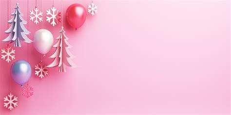 겨울 추상 디자인 창조적 인 개념 풍선 소나무 가문비 나무 전나무 아트 종이 컷 분홍색 배경에 눈 아이콘 색종이 반짝이 매달려