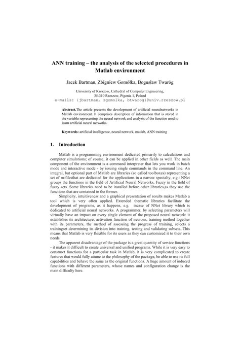 pdf ann training the analysis of the selected procedures in matlab