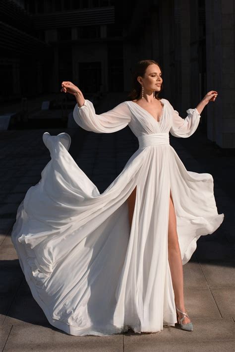 Chiffon Wedding Dress With Long Sleevesdress With A Etsy