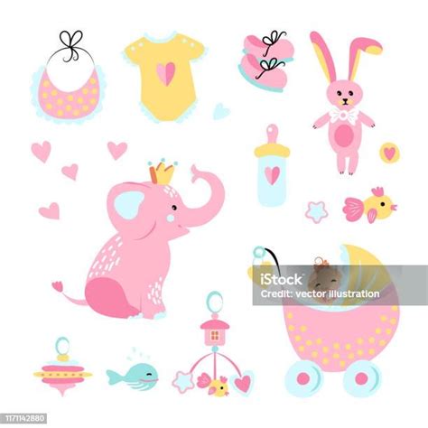 귀여운 코끼리 턱받이 Onesie 토끼 물고기 고래 장난감 딸랑이 우유 병 아기 샤워를위한 유모차에 소녀의 아이콘 아기에 대한 스톡 벡터 아트 및 기타 이미지 Istock