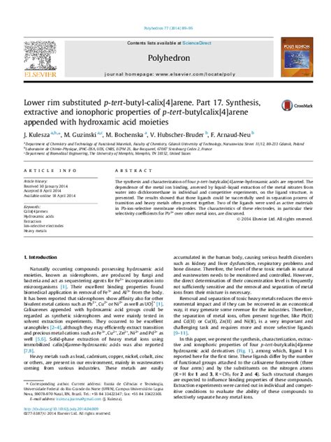 Pdf Lower Rim Substituted P Tert Butyl Calix 4 Arene Part 15 Pbii Ion Selective