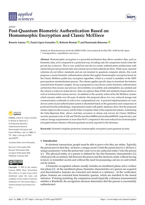 Pdf Post Quantum Biometric Authentication Based On Homomorphic Encryption And Classic Mceliece