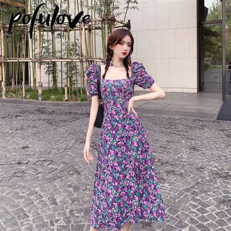 여성용 플로럴 드레스 퍼플 스플릿 빈티지 중간 길이 드레스 버블 슬리브 스퀘어 칼라 프린트 A 라인 비치 섹시 드레스 여름 Aliexpress