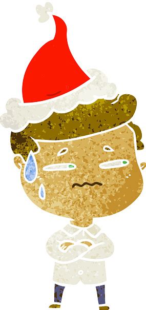 산타 모자를 쓰고 불안한 남자의 손으로 그린 복고풍 만화 걱정하는에 대한 스톡 벡터 아트 및 기타 이미지 걱정하는 귀여운