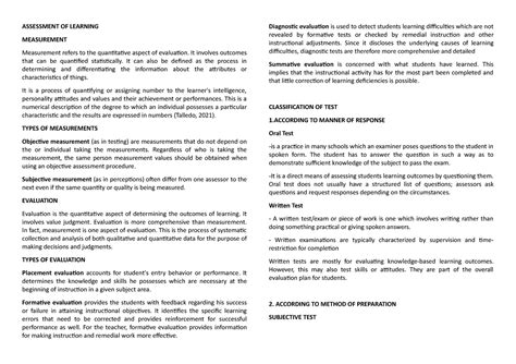 Measurement And Evaluation Classification Of Tests Assessment Of Learning Measurement