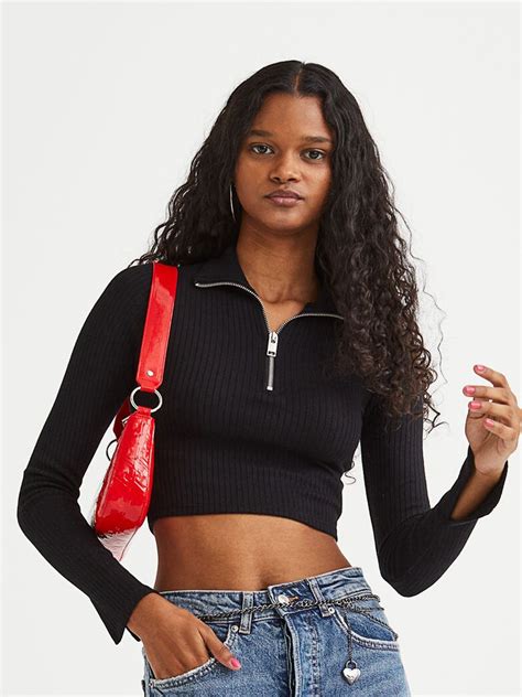 Buy Handm Women Black Zip Top Rib Knit Top Tops For Women 20339480 Myntra