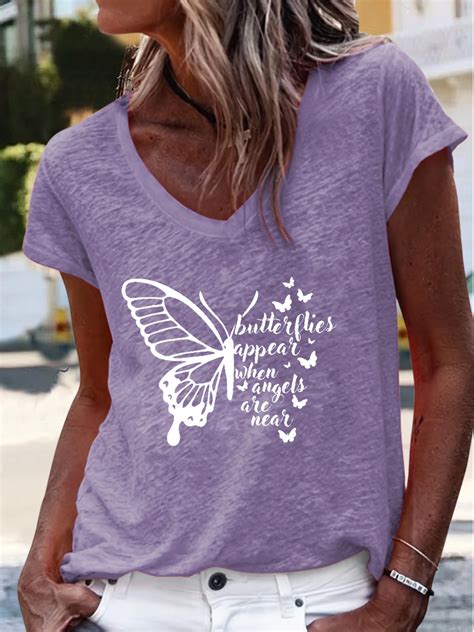 Womens Butterflies Appear V Neck Casual T Shirt Lilicloth