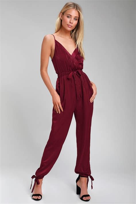 Luxe Satin Jumpsuit Burgundy Jumpsuit Surplice Jumpsuit Lulus