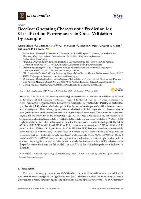 Pdf Mathematics Receiver Operating Characteristic Prediction For Classification Performances