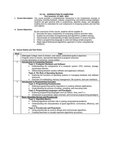 Course Outline Cc 101 Introduction To Computing Pdf Computer