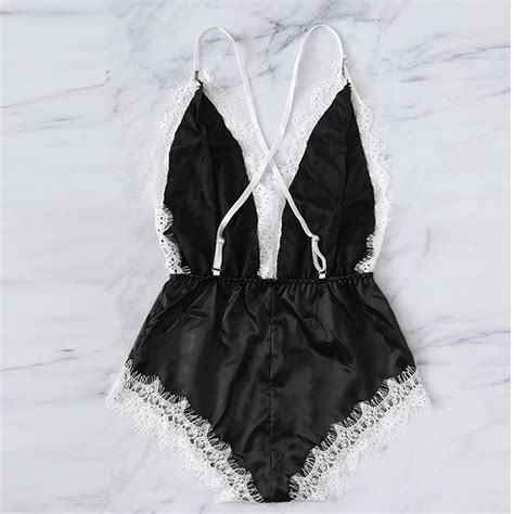 Sexy Black Satin Spaghetti Strap Deep V Backless Lace Trim Bodysuit