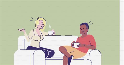 가족의 밤은 플랫 벡터 일러스트레이션을 이완합니다 소파에서 남편과 이야기하는 젊은 아내 친구들은 험담을 하고 차를 마시고 녹색 배경에 윤곽선이 있는 커피 만화