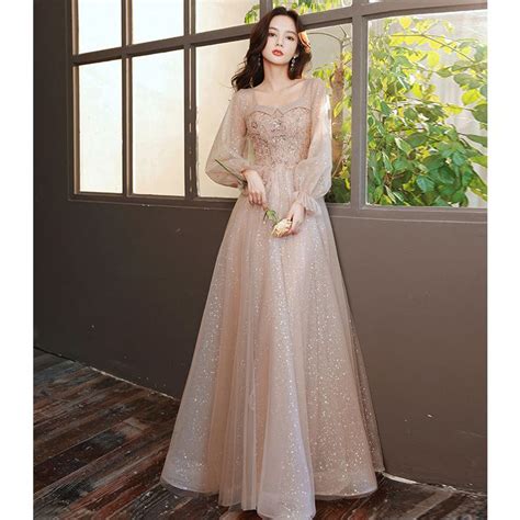 Elegant Long Sleeve Autumn Glittering Beaded Embroidery Champagne