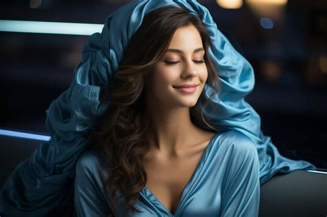 Premium Ai Image Smiling Pleased Cute Asian Girl In Blue Pyjama And
