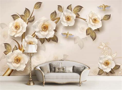 قیمت و خرید کاغذ دیواری گل سه بعدی سفید و پرنده طلایی با زمینه کرمی Ba 5111 چاپ دی تولید