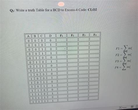 solved q1 write a truth table for a bcd to excess 4 code