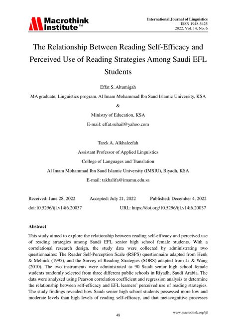 Pdf The Relationship Between Reading Self Efficacy And Perceived Use Of Reading Strategies