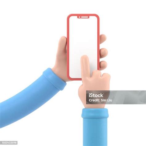 만화 제스처 아이콘 모형3d 손 터치 스마트폰 만화 아이콘 또는 휴대 전화 사용의 모형 흰색 배경에 3d 렌더링 3차원 형태에 대한 스톡 사진 및 기타 이미지 Istock