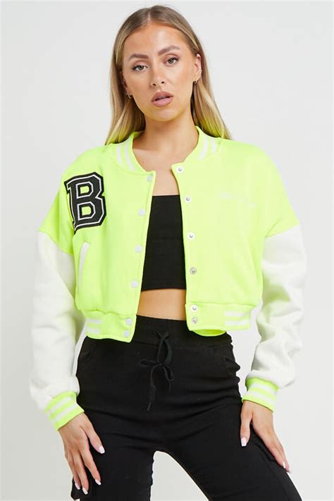 Wholesale Neon Green Contrast Sleeve Hooded Varsity Jacket J5fashion