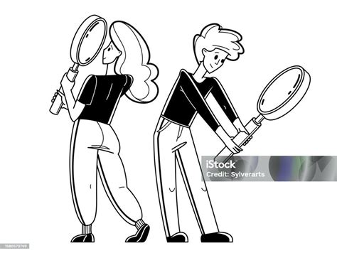 젊은이들은 분석 벡터 개요 그림 비즈니스 또는 과학 자기 교육을위한 탐구 및 연구를위한 몇 가지 질문을하고 데이터를 수집합니다