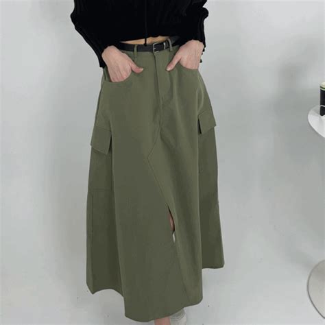 벨트set구성깔별소장 하이 뒷밴딩 벨트 절개 카고 롱 플레어 스커트 2color 에이블리