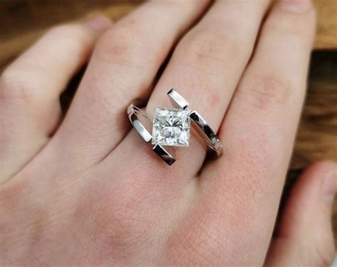Tension Set Princess Cut Cz Diamond Ring Bypass Shank Solitaire