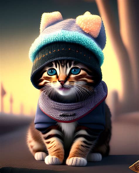 Cute Adorable Kitten In A Jacket And Hat Knitted Cap Winter Snow
