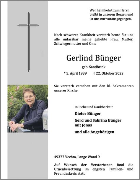 Traueranzeigen Von Gerlind Bünger Om Trauer De