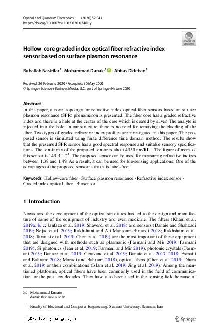 Pdf Hollow Core Graded Index Optical Fiber Refractive Index Sensor Based On Surface Plasmon