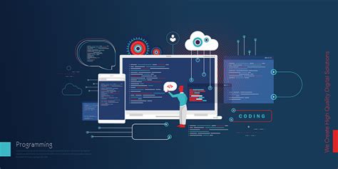 웹 개발 평면 디자인 일러스트레이션 랩톱과 컴퓨터 화면이 있는 크리에이티브 배너는 앱 코딩 및 프로그래밍을 제공합니다 컴퓨터